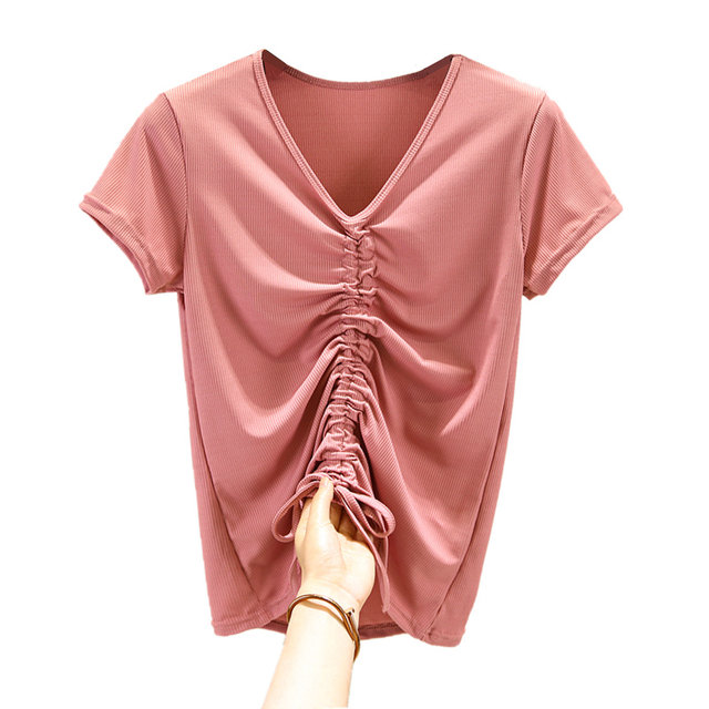 Drawstring T-shirt women's summer modal v-neck short-sleeved inner ...