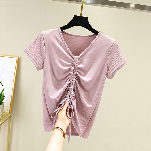 Drawstring T-shirt women's summer modal v-neck short-sleeved inner ...
