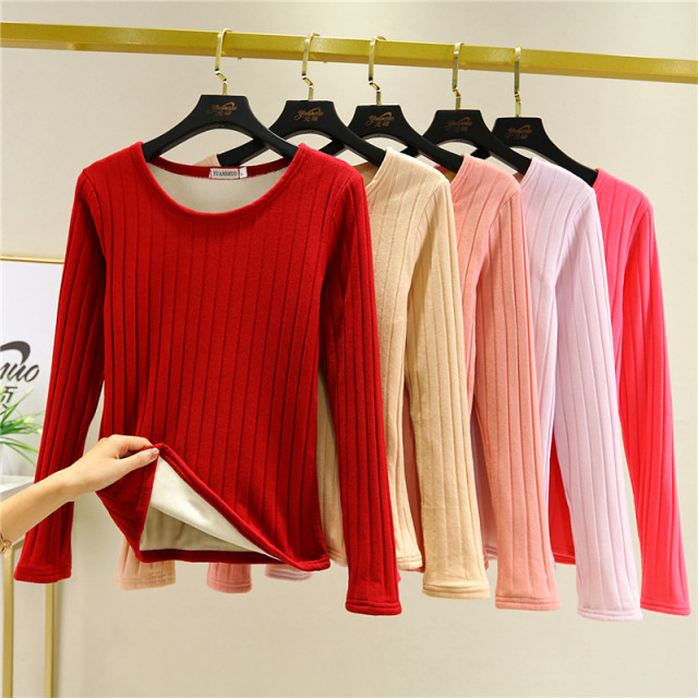 Autumn and winter plus velvet thick bottom shirt women's round neckline ...