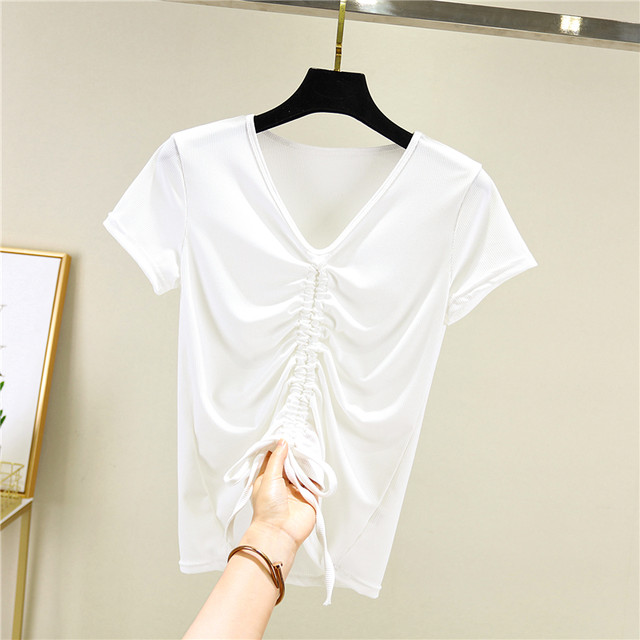 Drawstring T-shirt women's summer modal v-neck short-sleeved inner ...