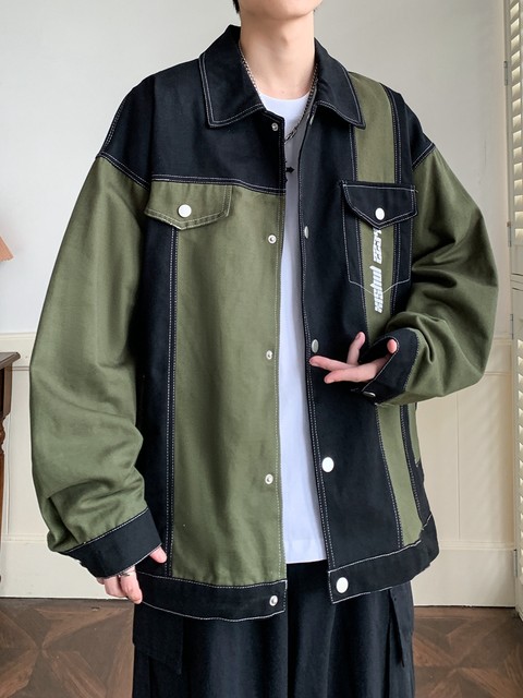 Military green work jacket men's autumn contrasting color splicing ...