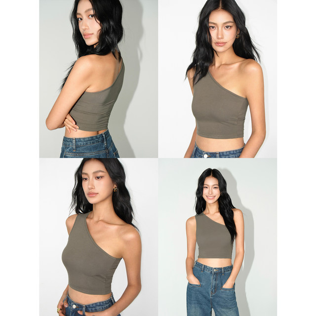 NEVAHU black one-shoulder slope collar slim fit vest T-shirt with chest ...