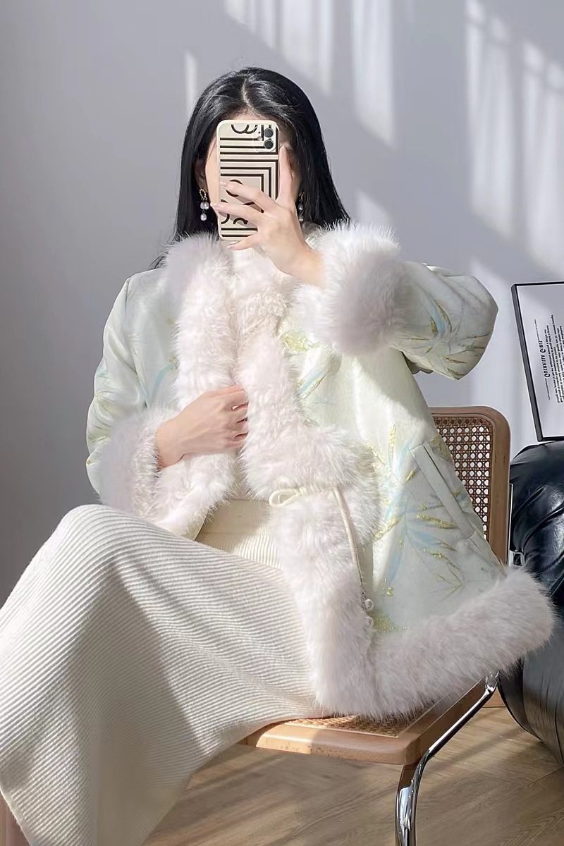 2024 new Chinese wind plate buckle imitation fox fur coat female court ...