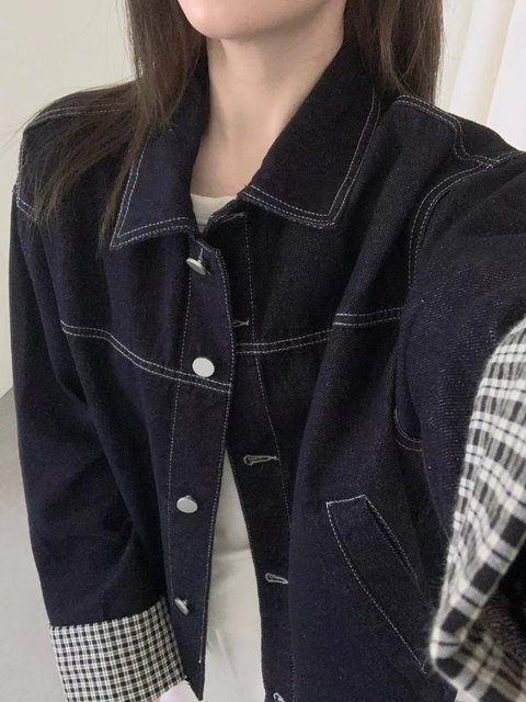 Korean lapel short denim jacket for women 2025 spring new design plaid ...