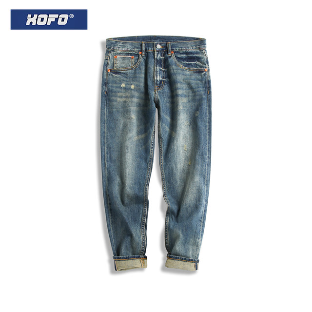 Red ear denim tapered nine-point jeans for men, American retro straight ...