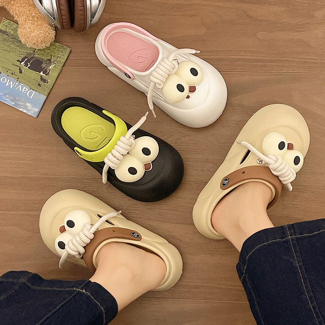 Lace-up cute big-eye thick-soled clogs for women, summer outer wear ...