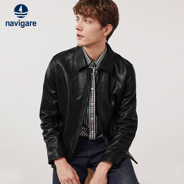 [Sheepskin] Navigare Italian small sailing black casual leather jacket ...
