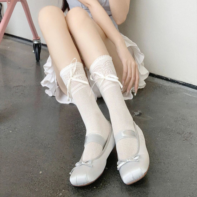 White ballet style lace bow mid-calf socks summer thin half-tube lace ...