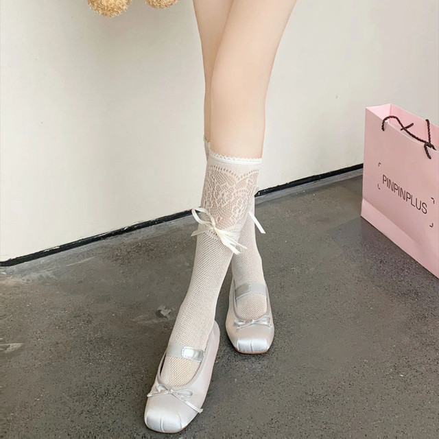 White ballet style lace bow mid-calf socks summer thin half-tube lace ...