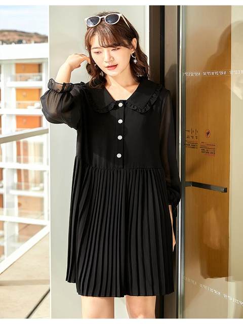 Spring small lapel crusher chiffon dress large size fat MM medium long ...