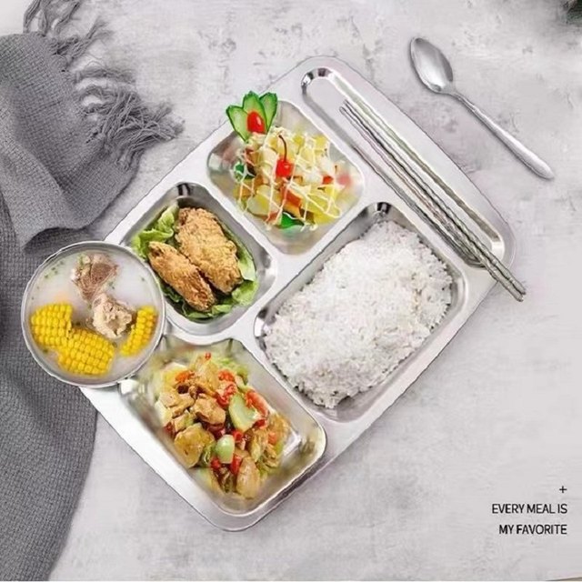 304 stainless steel fast food plate rectangular division of rice plate ...