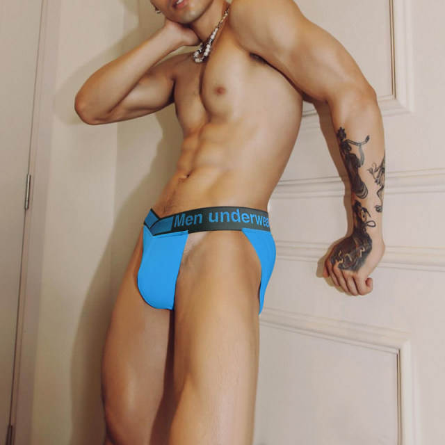 New men's V-shaped briefs laser blue belt low waist high fork sexy pure desire U convex boys ...