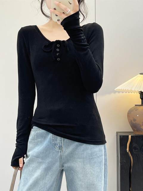 Huiyigechun women's cotton long-sleeved T-shirt round neck tether base ...