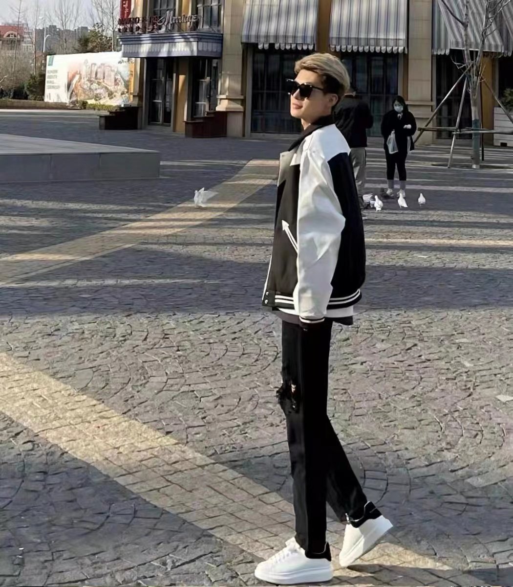 Autumn new net red ruffian handsome trend light luxury splicing ...