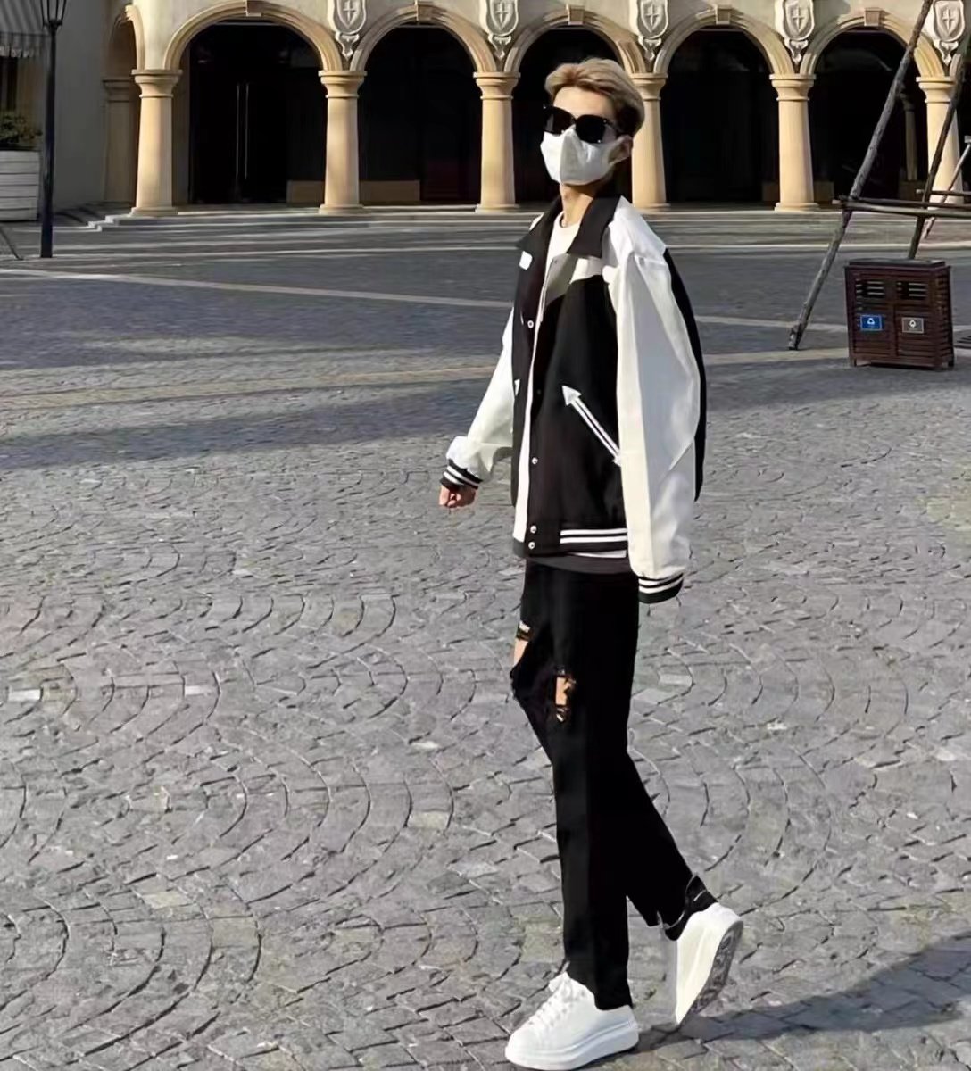 Autumn new net red ruffian handsome trend light luxury splicing ...