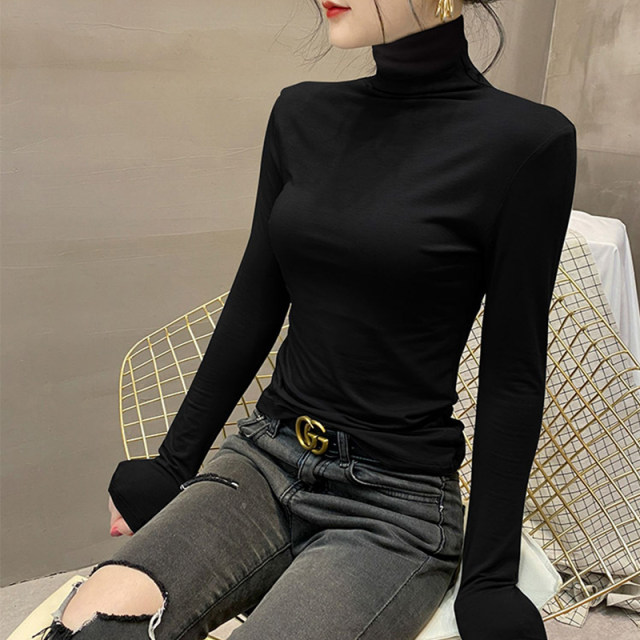 Modal black high collar bottoming shirt women's spring and autumn ...