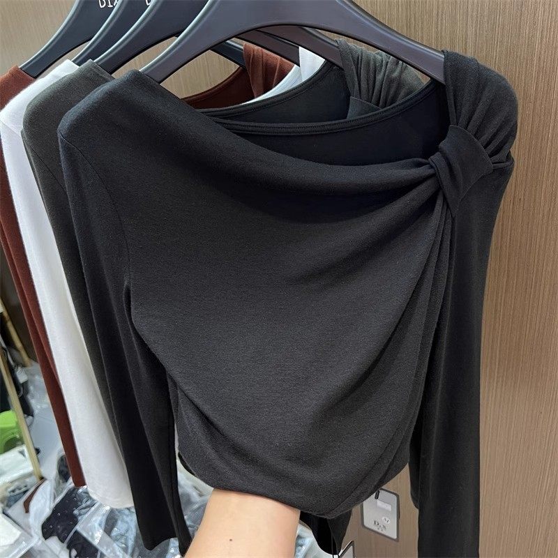 Chic sweet and spicy pleated slanted neck long sleeve T-shirt for women ...