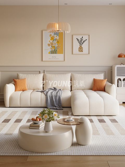 French cream style fabric sofa, simple modern small apartment living ...