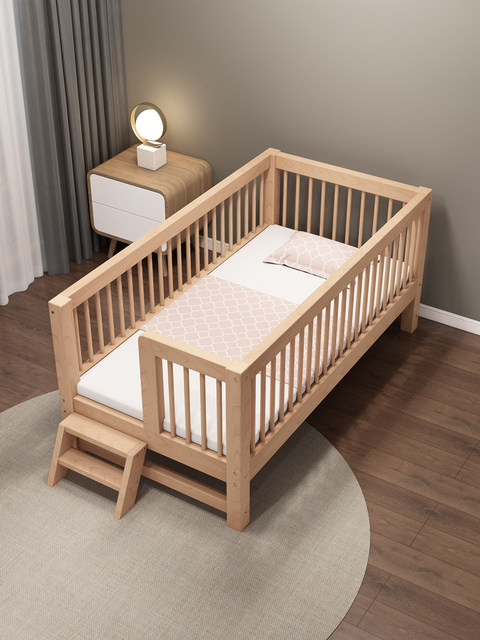 Customized beech children's bed spliced large bed with guardrail single ...