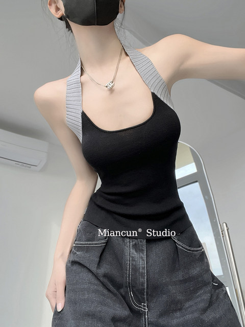 MianCun sexy backless contrasting halter neck hanger top for women slim ...