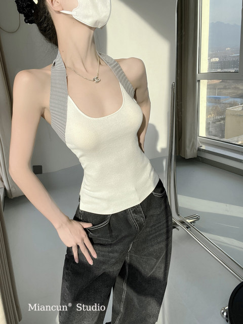 MianCun sexy backless contrasting halter neck hanger top for women slim ...