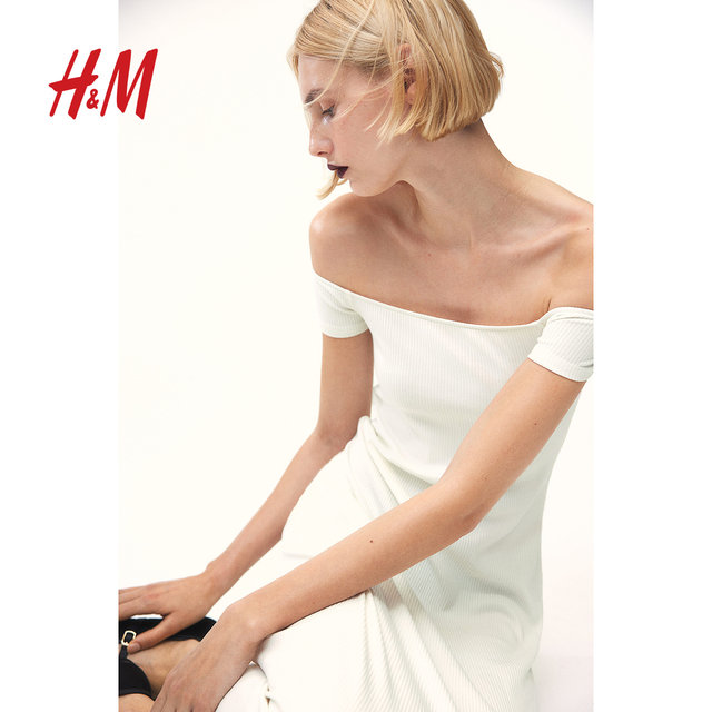 HM women's dress 2024 summer new short-sleeved one-line collar ribbed ...