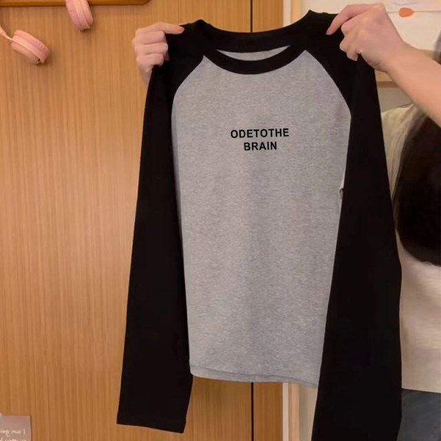 Contrast color raglan design niche top pure cotton gray long-sleeved T ...