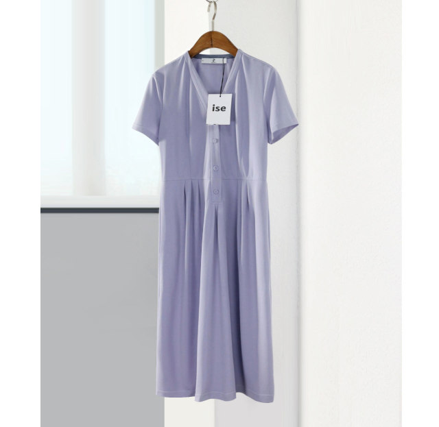 ise brand authentic summer V-neck dress short-sleeved solid color pique ...