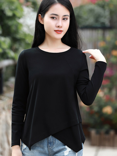 Loose T-shirt women's super hot top design sense irregular long-sleeved ...