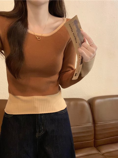 Spring and Autumn Thin round neck slim tight long-sleeved base knit ...