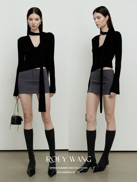 ROEYWANGV neck wavy pile neck hang neck integrated streamer slim knit ...