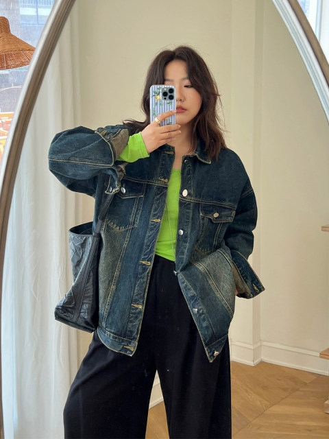 Jinggujia slightly fat MM retro water washing denim jacket female ...