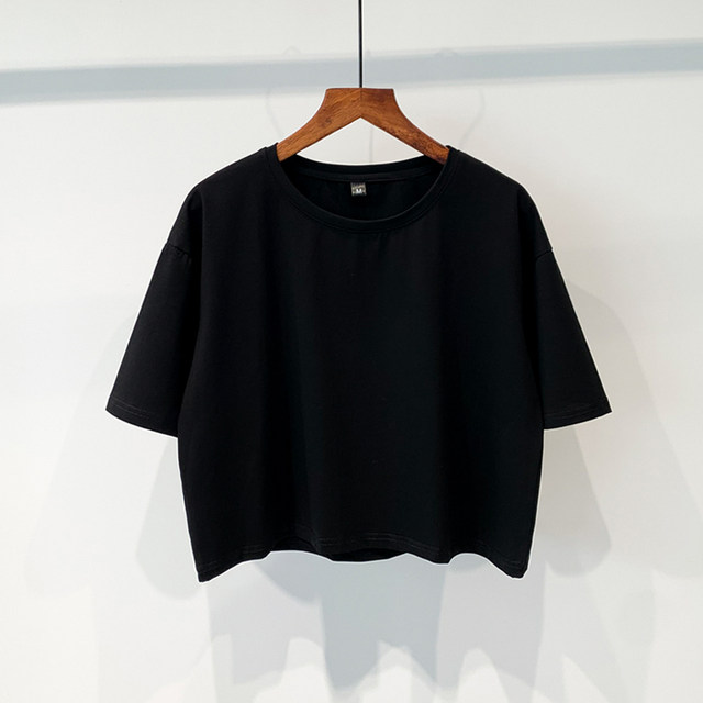 Pure black short-sleeved T-shirt women's short high-waisted half ...