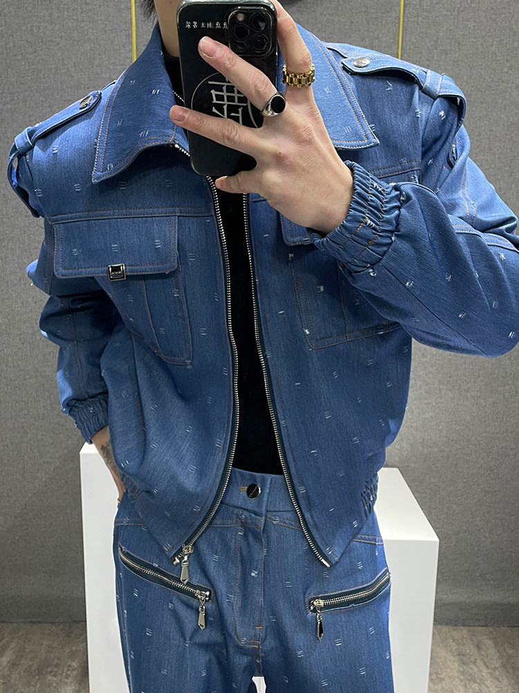 Niche ripped hole cut design denim suit boy wash shoulder pad short ...