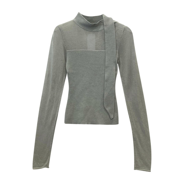 Spring body-sliding ribbon waist-hugging sweater slim long-sleeved top ...