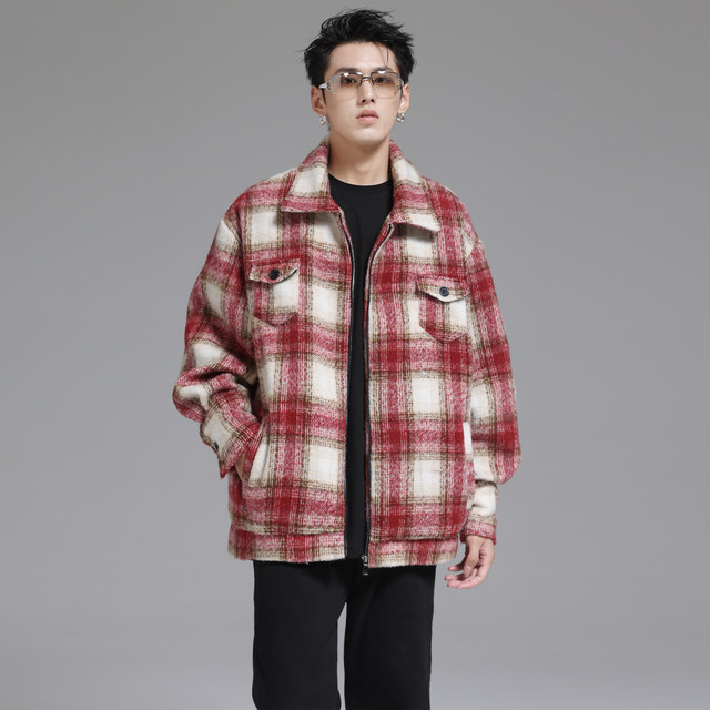 UNKNOWTAL red plaid striped woolen zipper jacket, loose, high-end and ...