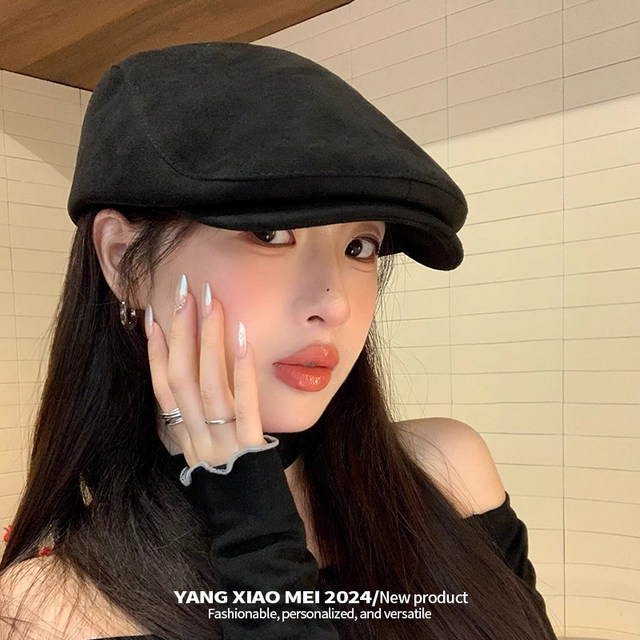 Japanese retro backward forward hat women's fashionable suede black ...