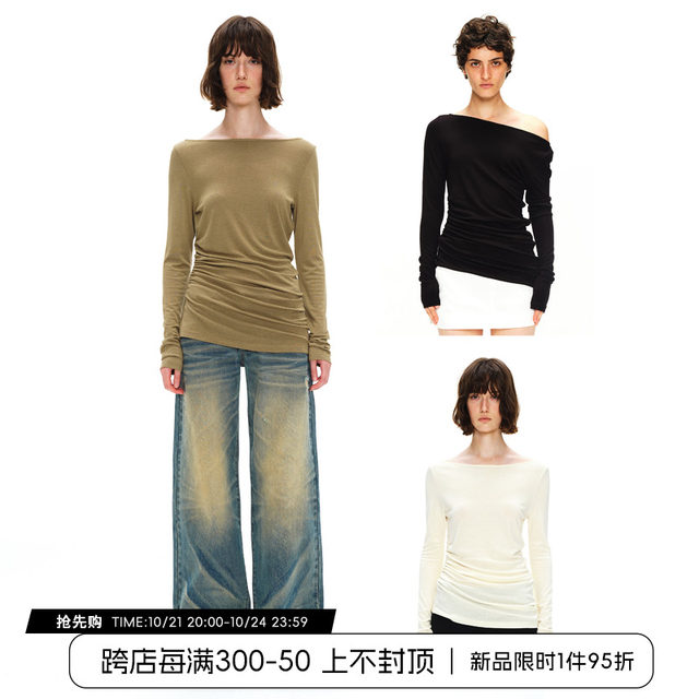 SMIIILE black stacked cashmere one-line collar off-shoulder slanted top ...