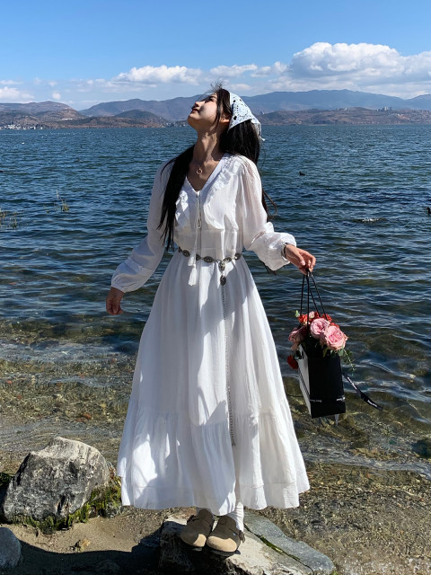 3MER Oh, three sisters French white long-sleeved dress for women 2025 spring new white moonlight ...