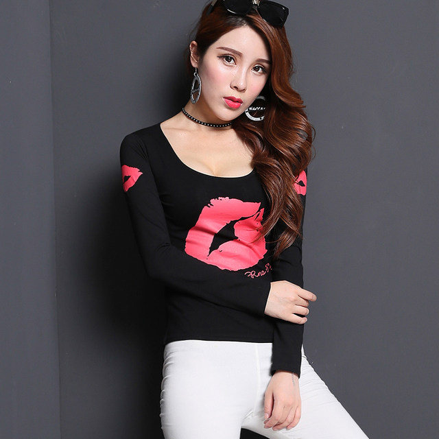 Cotton sexy long -sleeved T -shirt female slim printing U -collar low ...