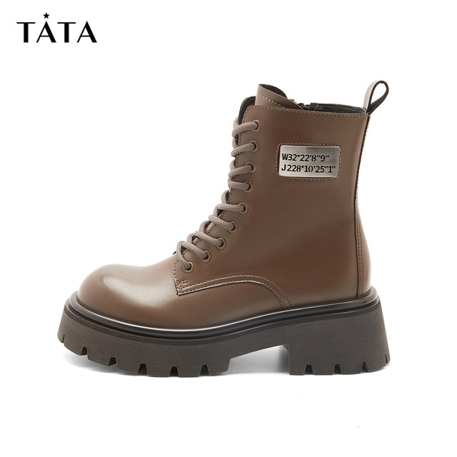 Tata British style retro Martin boots women's brown velvet thick-soled ...