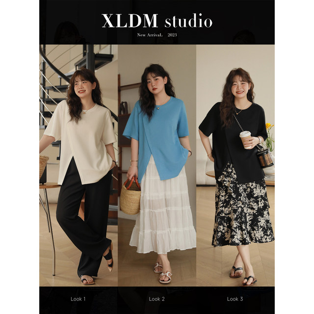 Xiaoli plus size women's fat mm front shoulder loose slit design solid ...