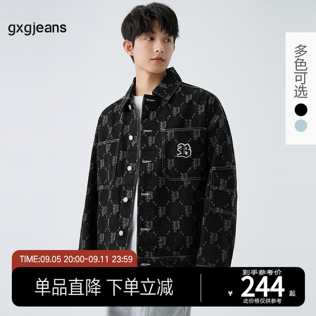 gxgjeans men's spring and autumn new old flower printed trendy brand black denim jacket coat men ...
