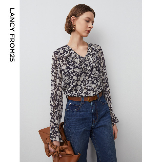 Langzi retro French ruffled V -neck design sense commute shirt female ...