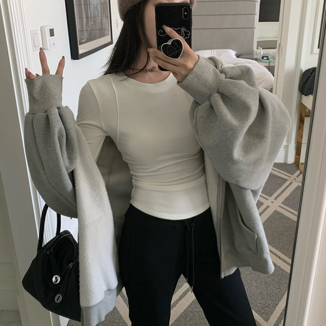 White right shoulder long sleeve t-shirt for women autumn and winter ...