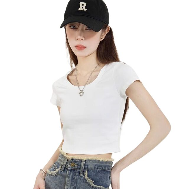 White right shoulder short-sleeved t-shirt for women 2024 new summer ...