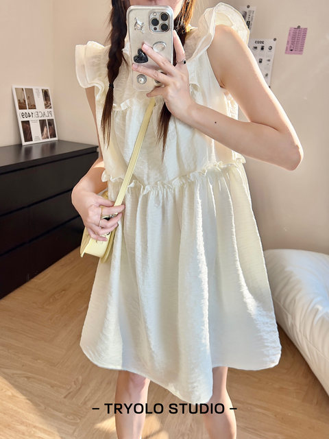 Spot TRYOLO white small flying sleeve dress with wooden ears sweet doll ...