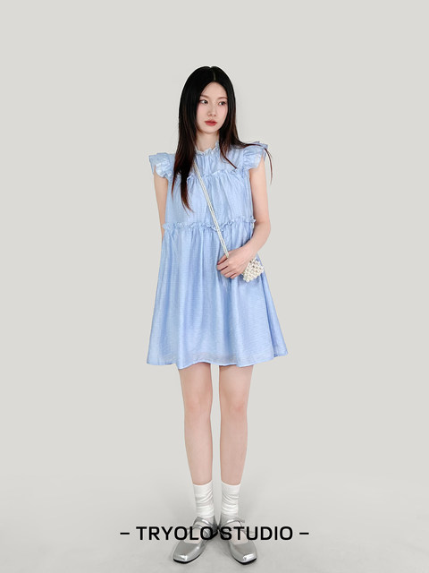 Spot TRYOLO white small flying sleeve dress with wooden ears sweet doll ...