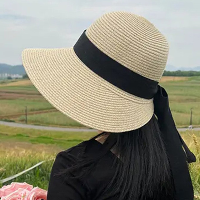 French ribbon bow straw hat female summer anti -ultraviolet sunscreen ...