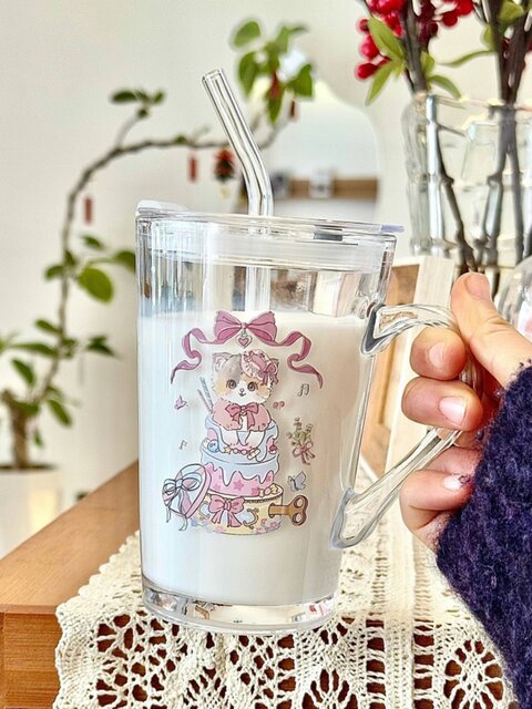 Ins glass cup high-value large capacity straw cup with lid household ...
